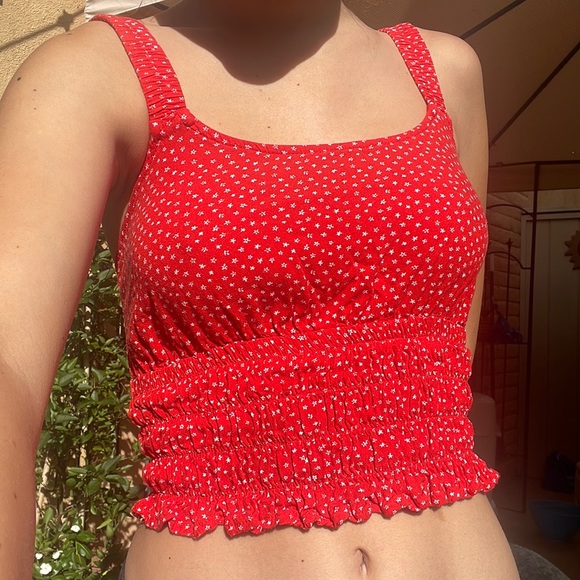 Tops | Red Crop Top With White Flowers | Poshmark